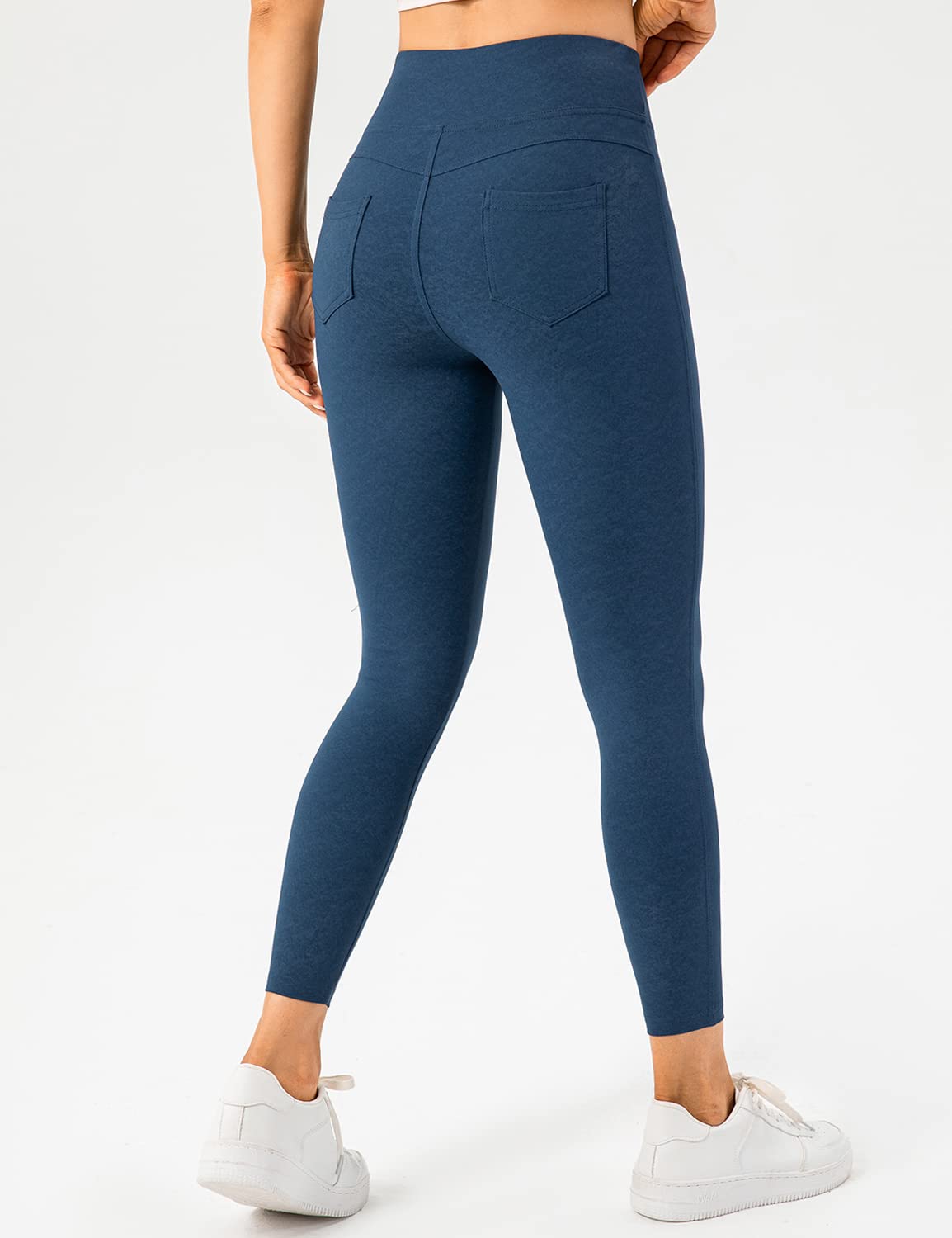 Lavento Women's Stretch Jean Leggings 23" - Mid-Rise Yoga Jeggings with Rear Pockets (Black, 6)