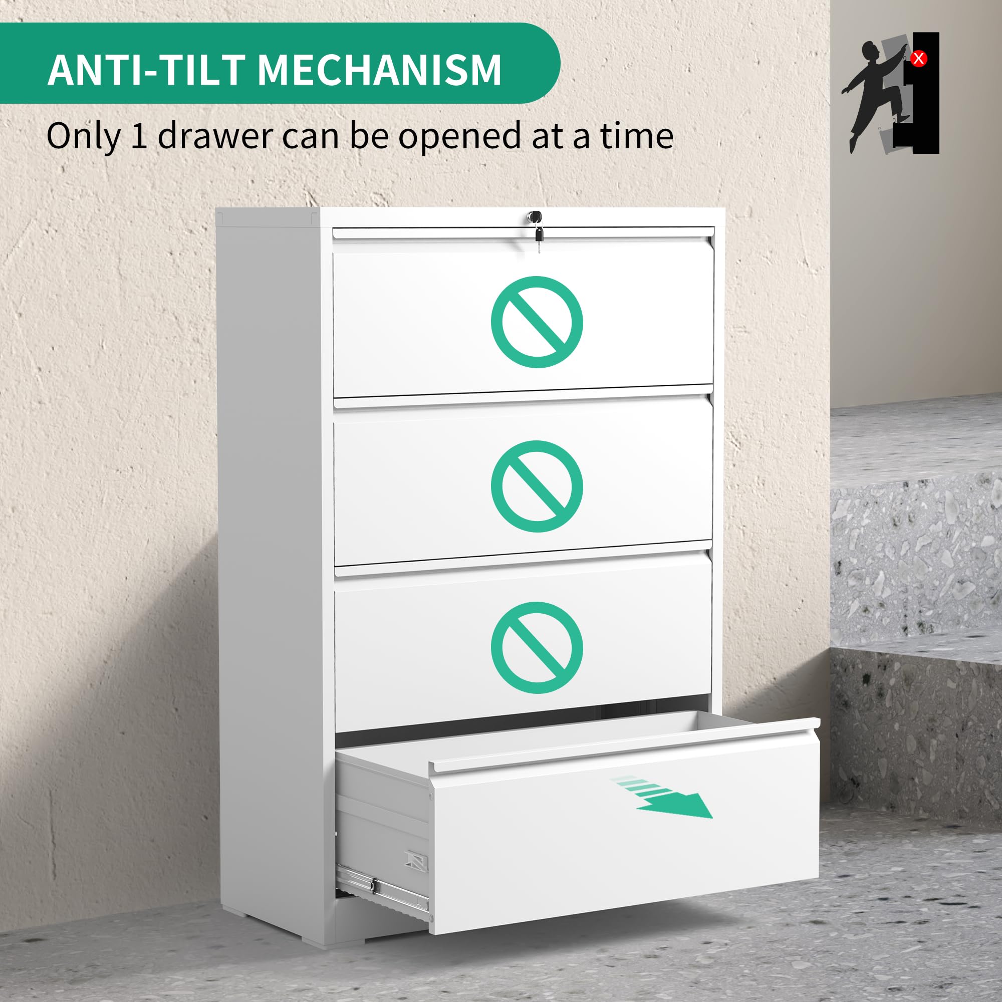 IKIMI 4 Drawer Lateral File Cabinets 3 Drawerr Mobile File Cabinet Office Filing Cabinet Steel Storage Cabinet with Lock