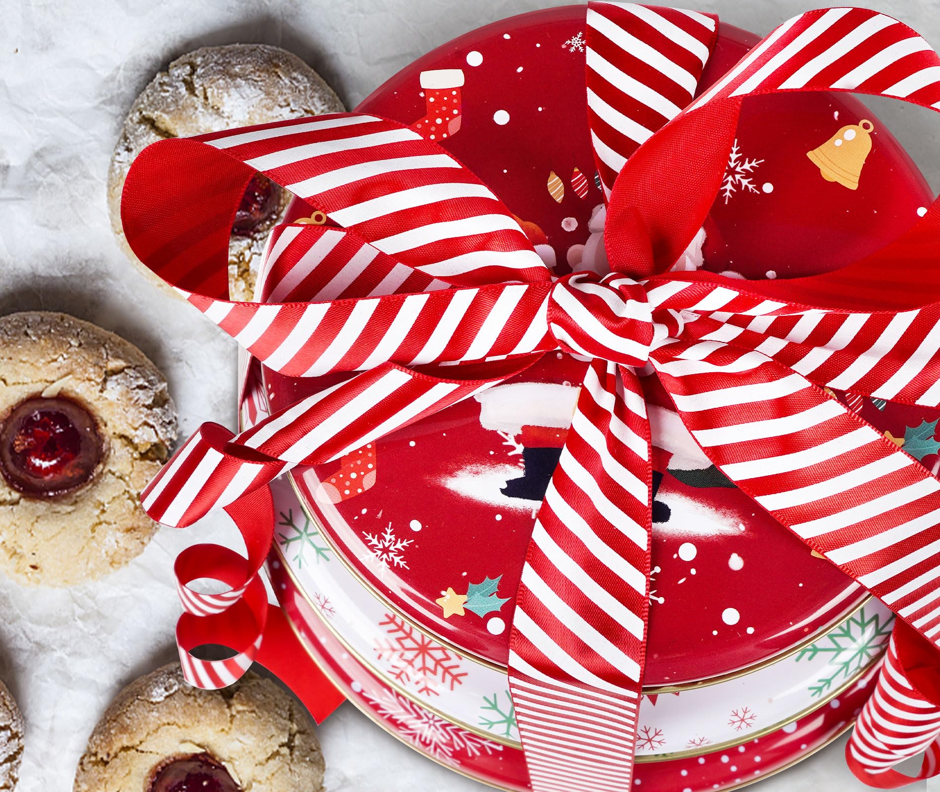 JOYCUBE Cookie Tins with Lids, 3 Pack Christmas Cookie Tins with 16.5ft Gift Ribbon, Festive Cookie Cake Containers Tins for Gift Giving & Holiday Treats, Round Metal Nesting Containers
