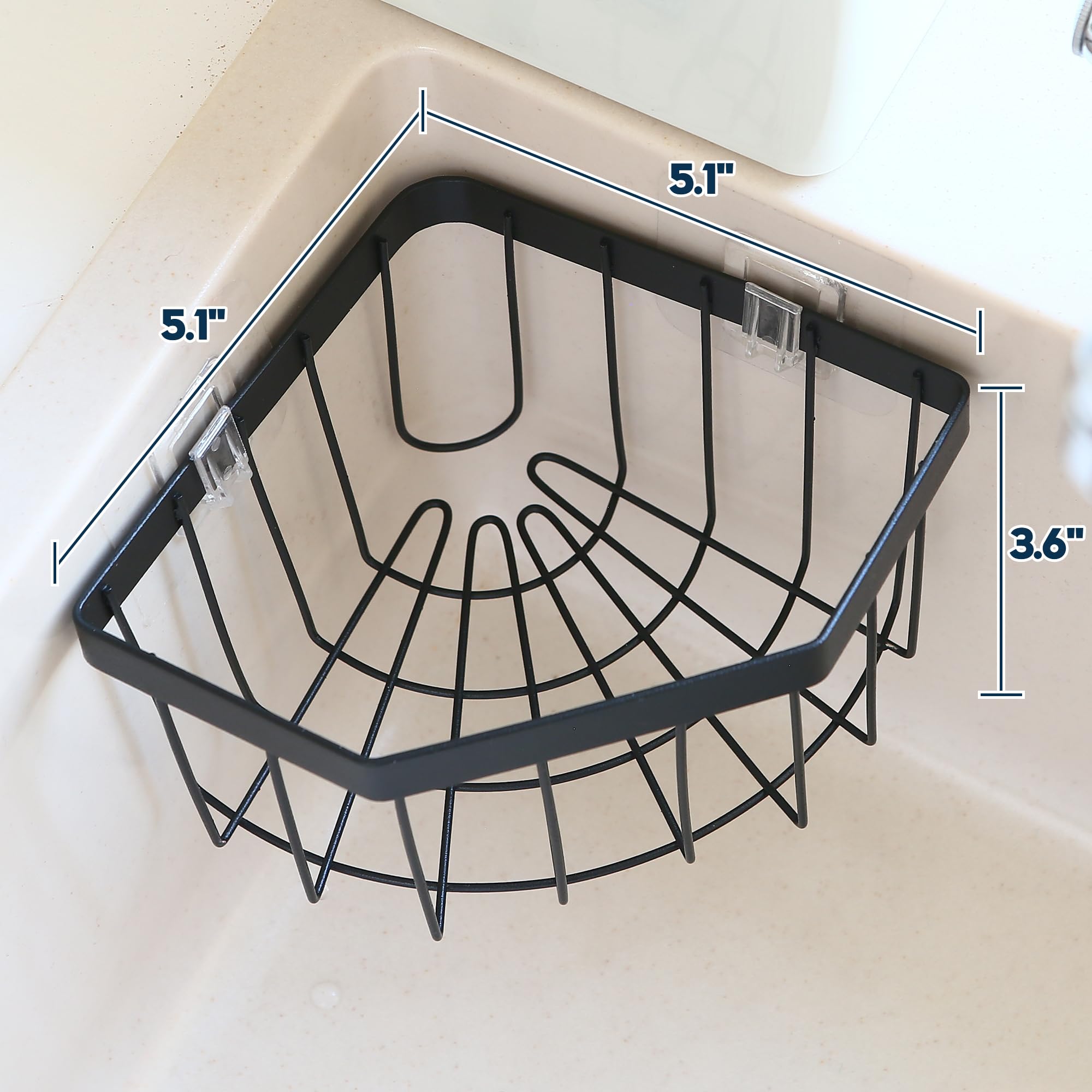 Sea Team Adhesive Corner Caddy, Sink Organizer, Soap, Drain Plug, Sponge Holder, Multifunctional Rustproof Carbon Steel Storage Basket, Wall Mounted Shelf Rack for Kitchen, Bathroom, Charcoal