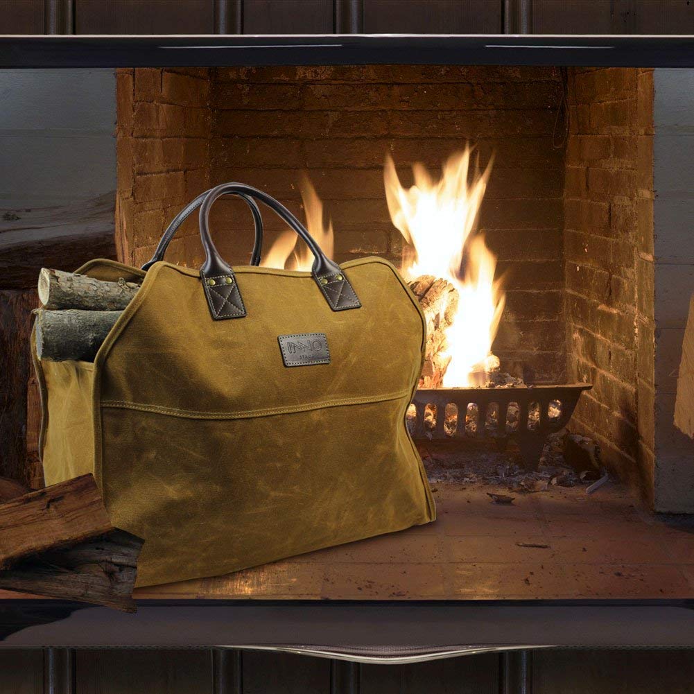 INNO STAGE Firewood Log Carrier Bag Waxed Canvas Tote Holder with Fireplace Pure Leather Gloves Set for Camping, BBQ Barbecue- Green Bag