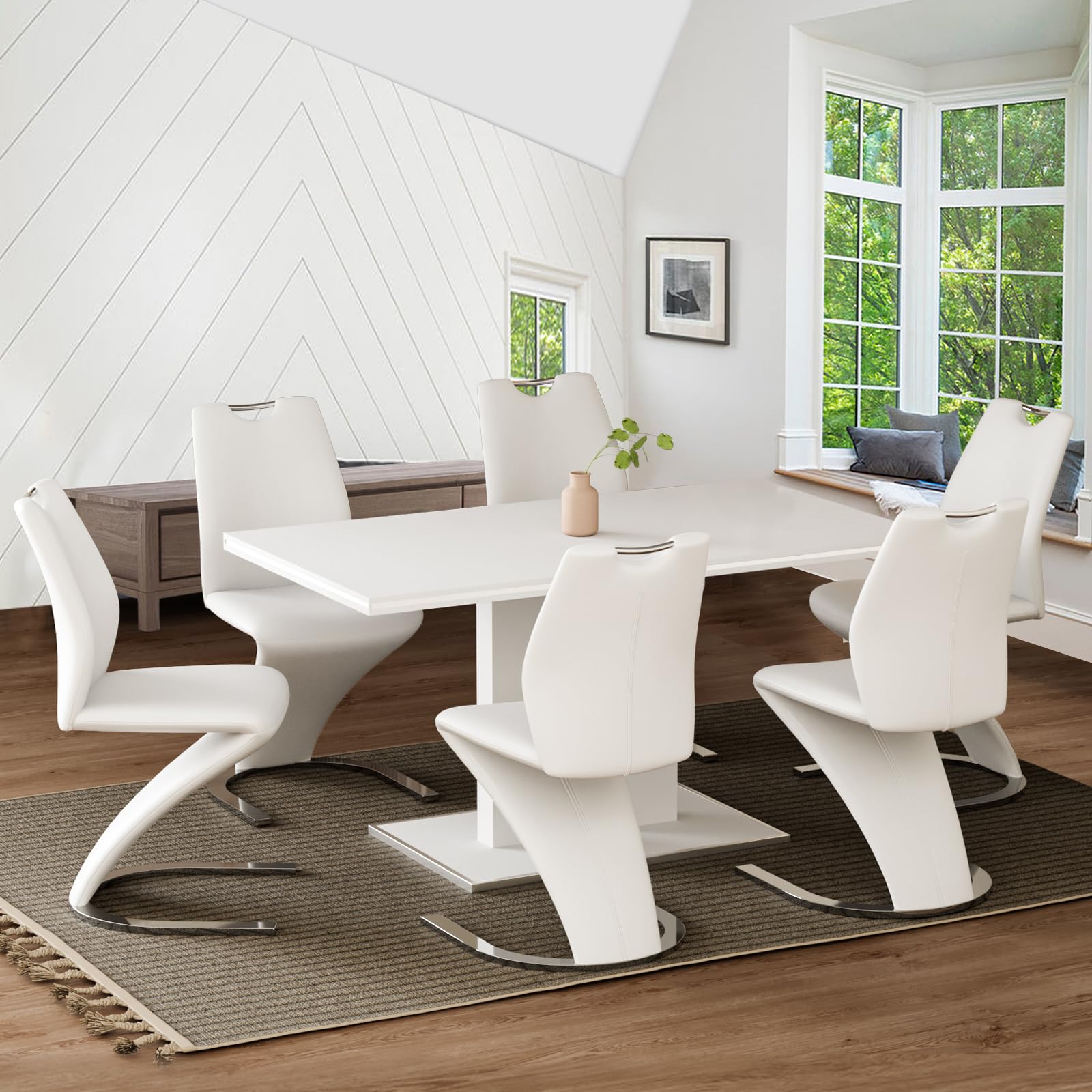 HIPIHOM Modern 59'' Kitchen Dining Table and Chairs for 6, 7 Pieces Rectangular Dining Table Set for Home, Kitchen, Living Room, Dining Room (Table+6 White Mermaid Chairs)