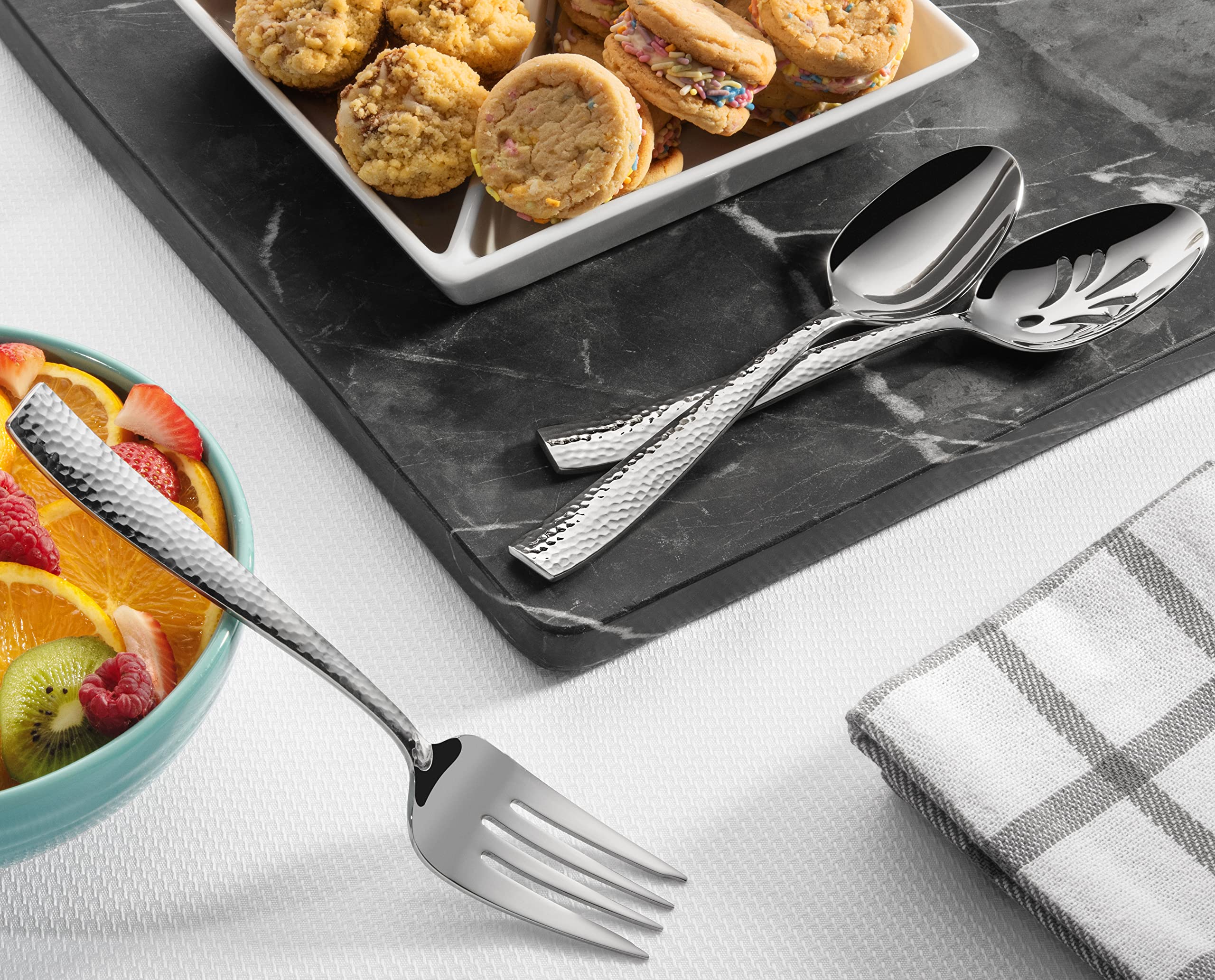 Hudson Essentials 3-Piece Hammered 18/10 Stainless Steel Silverware Serving Spoons and Fork Set - Hostess Buffet Flatware