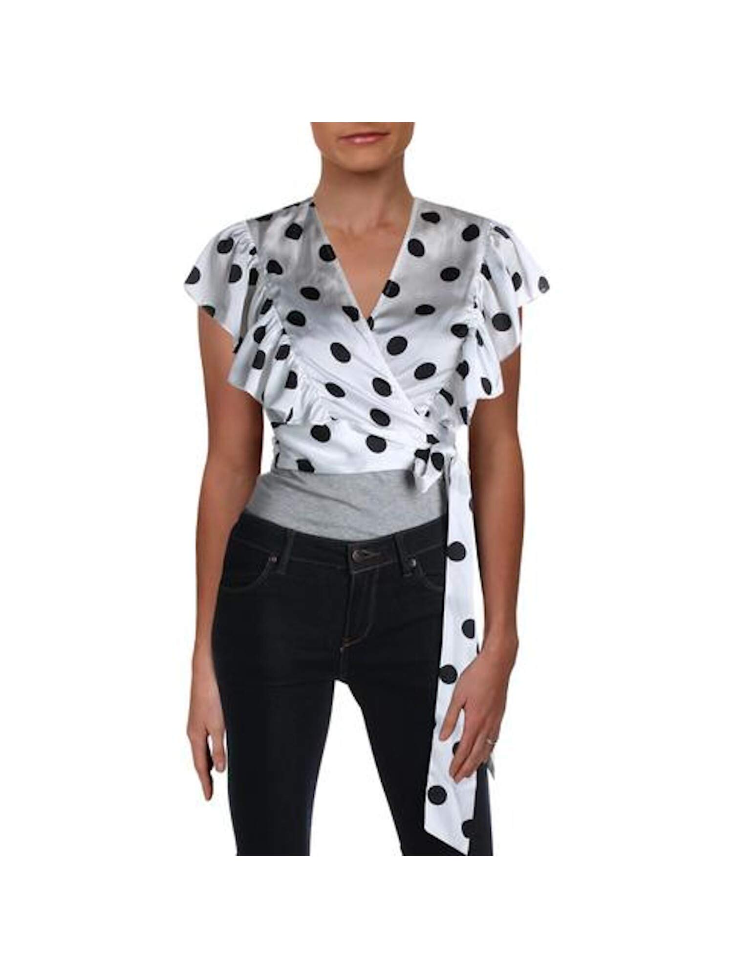 Jill Stuart Womens White Belted Polka Dot Short Sleeve V Neck Top M