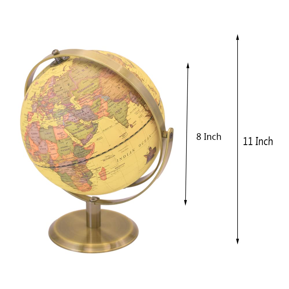 JusirHe Retro Style World Globes, 8" Educational World Globe with Stand, All Angle Rotatable, Night Light with Built-in LED, Decor for Office Classroom & Home, Gift Idea for Family & Friend