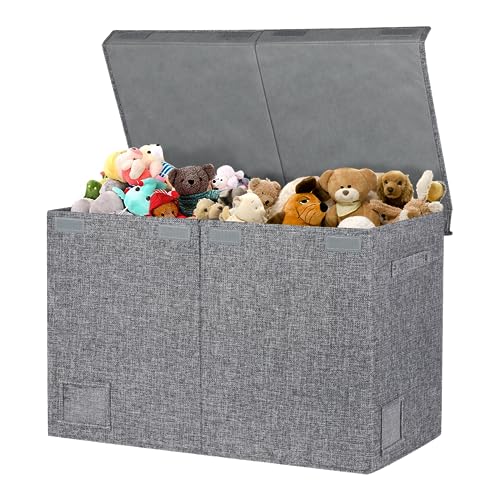 Joyibay Large Storage Box Chest Storage Organizer with Lid & 2 Adjustable Compartments, Collapsible Kids Boxes Basket Bins with Sturdy Handles for Boys and Girls, Nursery, Playroom (Grey)