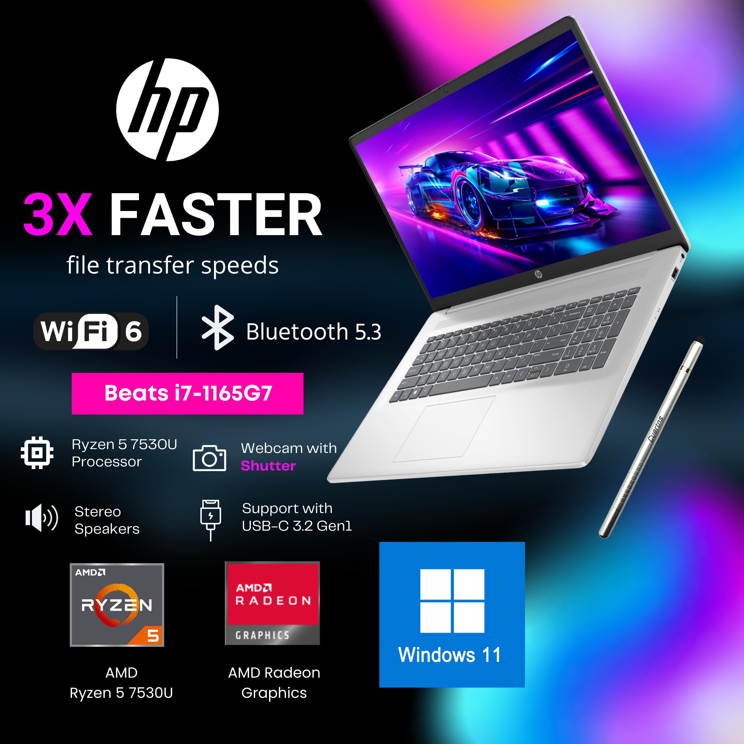 HP Touchscreen Laptop, 17.3" HD+ Touchscreen Display, AMD Ryzen 5 7530U Processor (Beats i7-1165G7, 6 Cores, 12 Threads), 32GB RAM - 2TB SSD, w/Stylus, Wi-Fi 6, Webcam, HDMI, Windows 11 Home, Silver