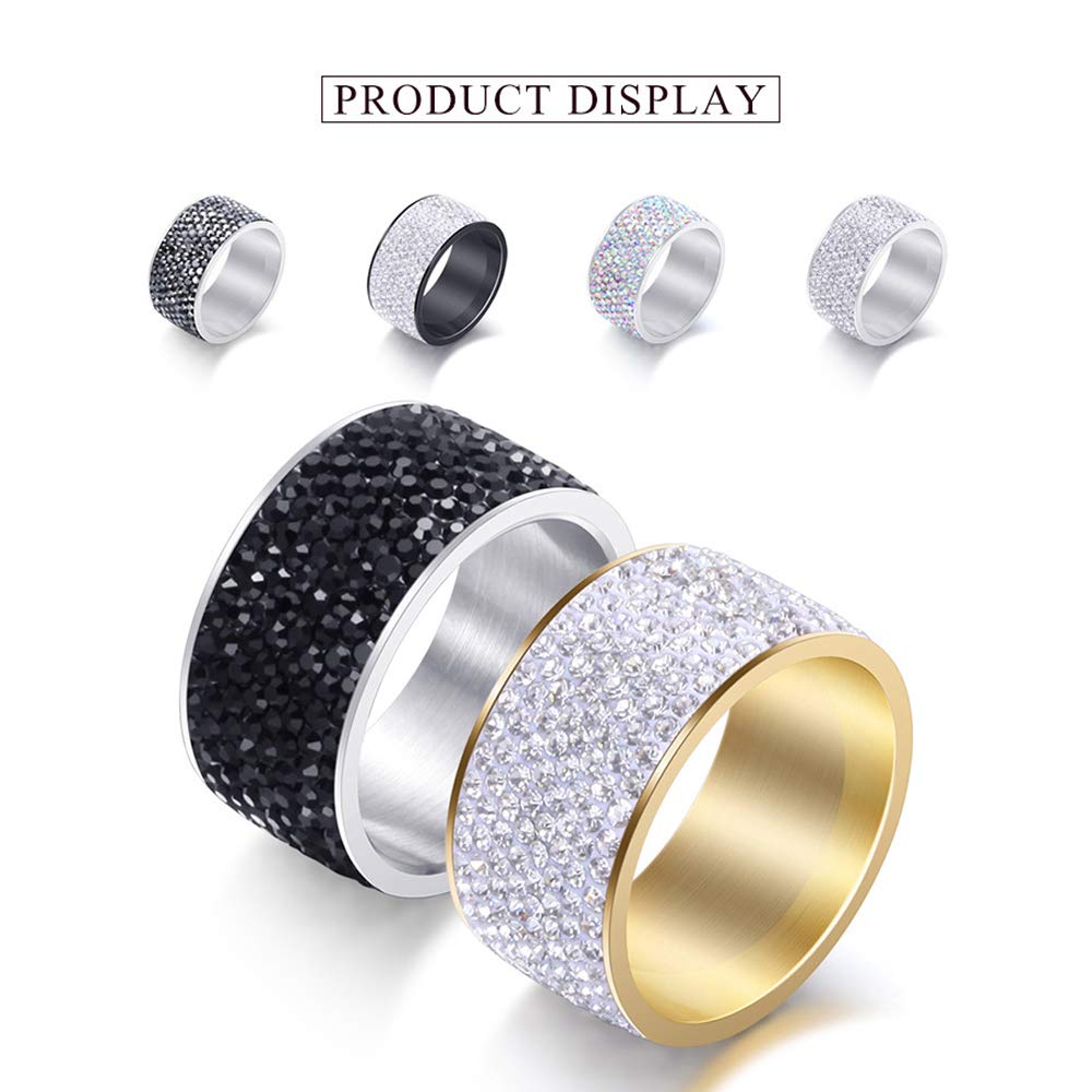 IFUAQZ Stainless Steel Gorgeous Silver 8 Rows Lines Cz Cubic Zirconia Clear Crystal Eternal Wedding Band Ring 12mm, Silver White Size 7