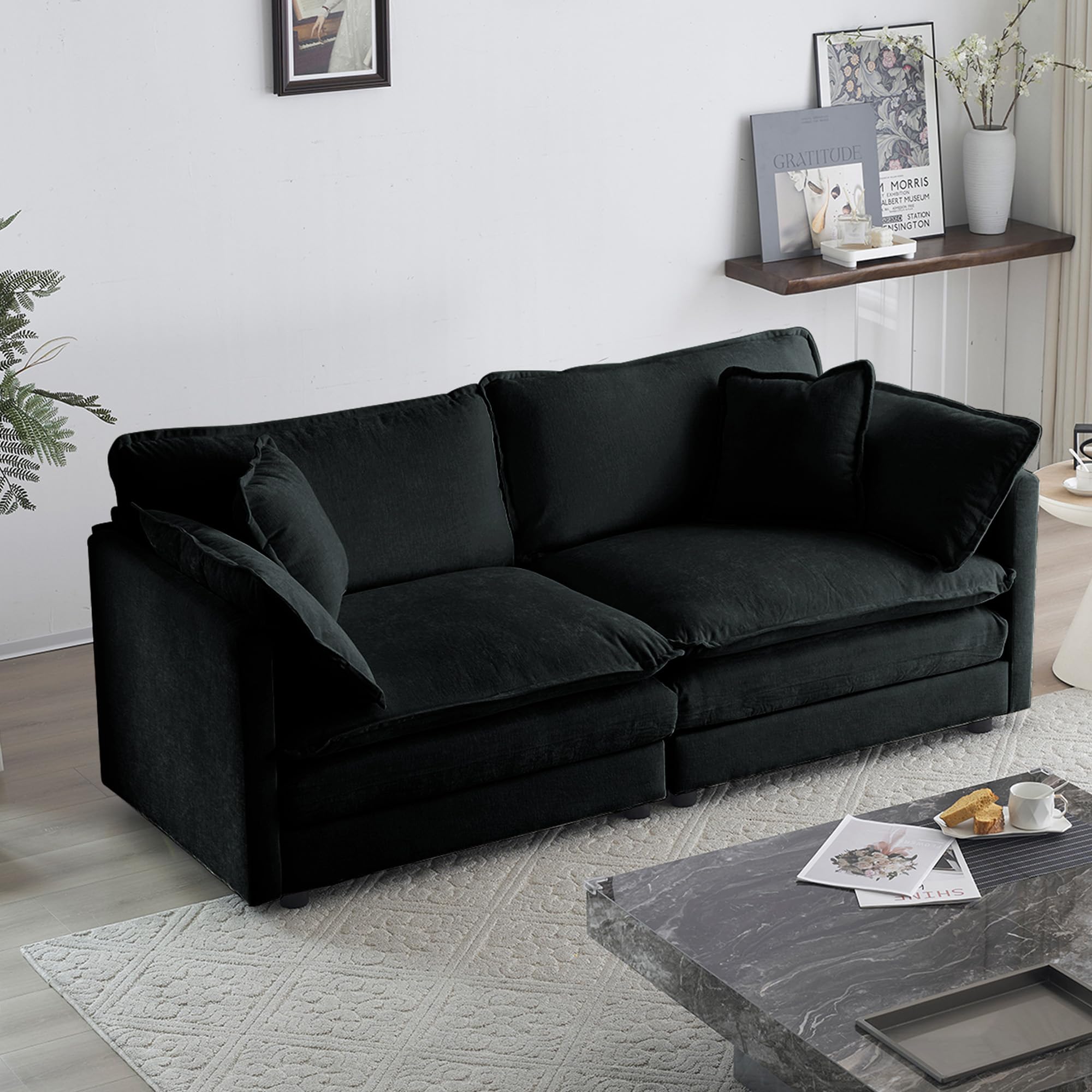 Tmsan 76.7" Black Deep Seat Loveseat Sofa, Oversized 2 Seater Chenille Sectional Cloud Couch, Modern Large Luxury Love Seat for Living Room Bedroom Apartment Office
