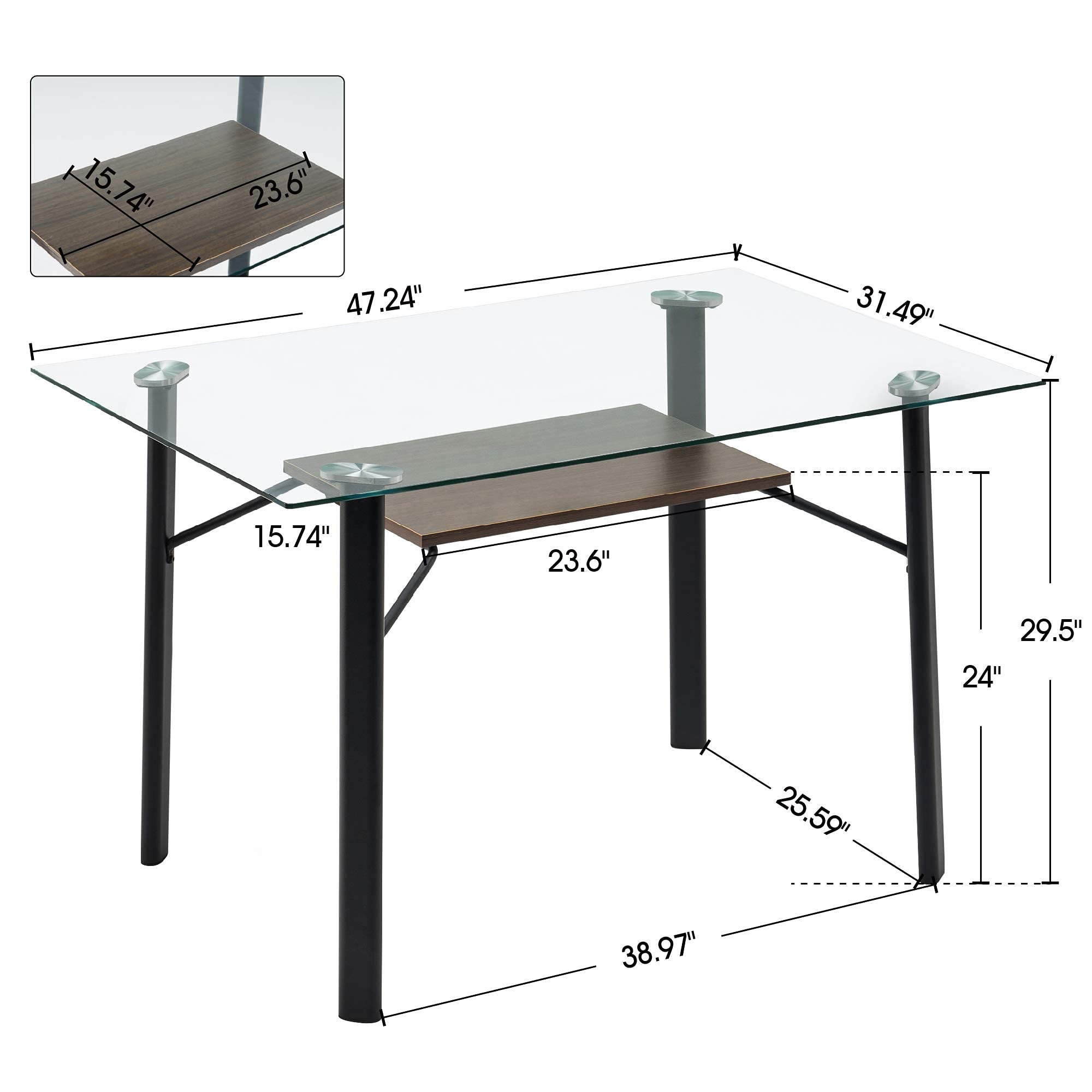 Ivinta Modern Glass Dining Table Kitchen Table for 4/6 Rectangular Dinner Table 2-Tier Mid-Century Leisure Desk with Storage Shelf for Home Office Living Room Kitchen 31 x 47 inch