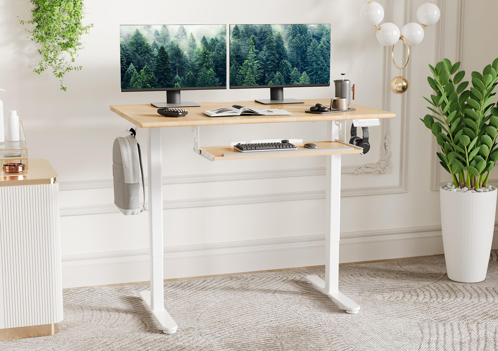 INNOVAR Electric Standing Desk, Solid Wood Adjustable Desk with Keyboard Tray, 48×24 Inch Stand up Home Office Desk with Whole-Piece Board, White Frame/Natural Top