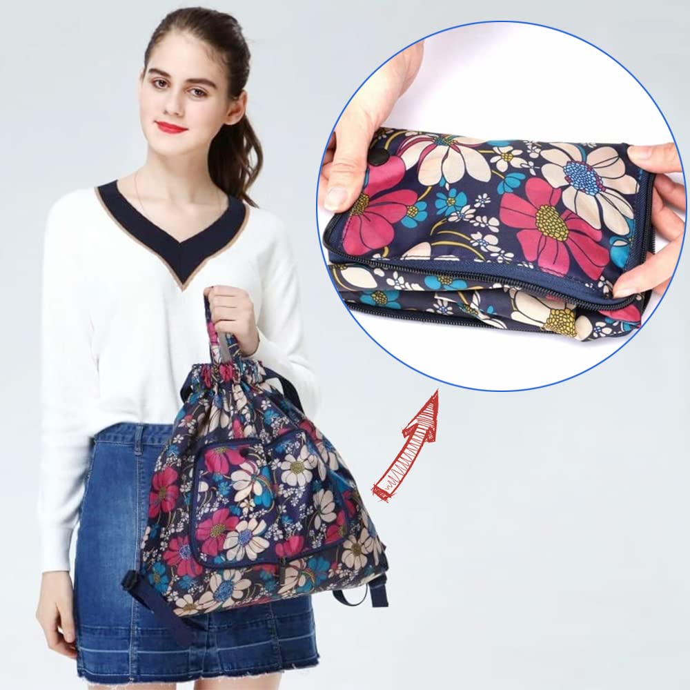 KITENROM Collapsible Reusable Grocery Bag Drawstring Backpack Large Travel Tote Bags String Sackpack for Gym Shopping Yoga Blue Leaf