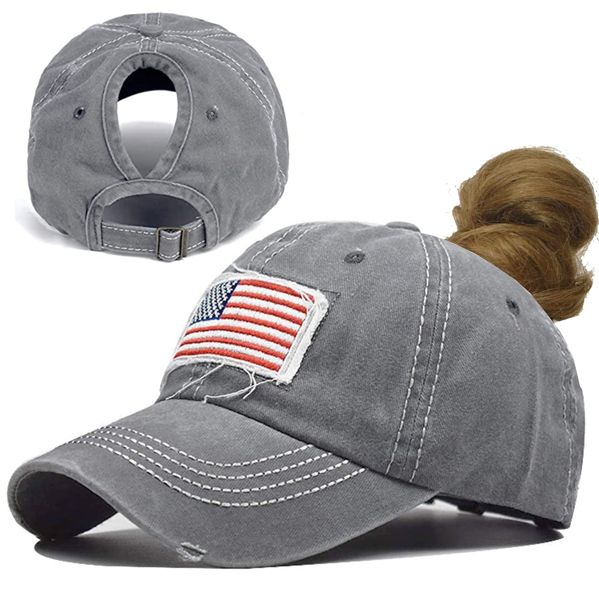 IZUS American Flag,Distressed Baseball Hat – 100% Distressed Cotton Dad Hat Embroiderred for Adult (Ponytail Hat Black/No Hair)