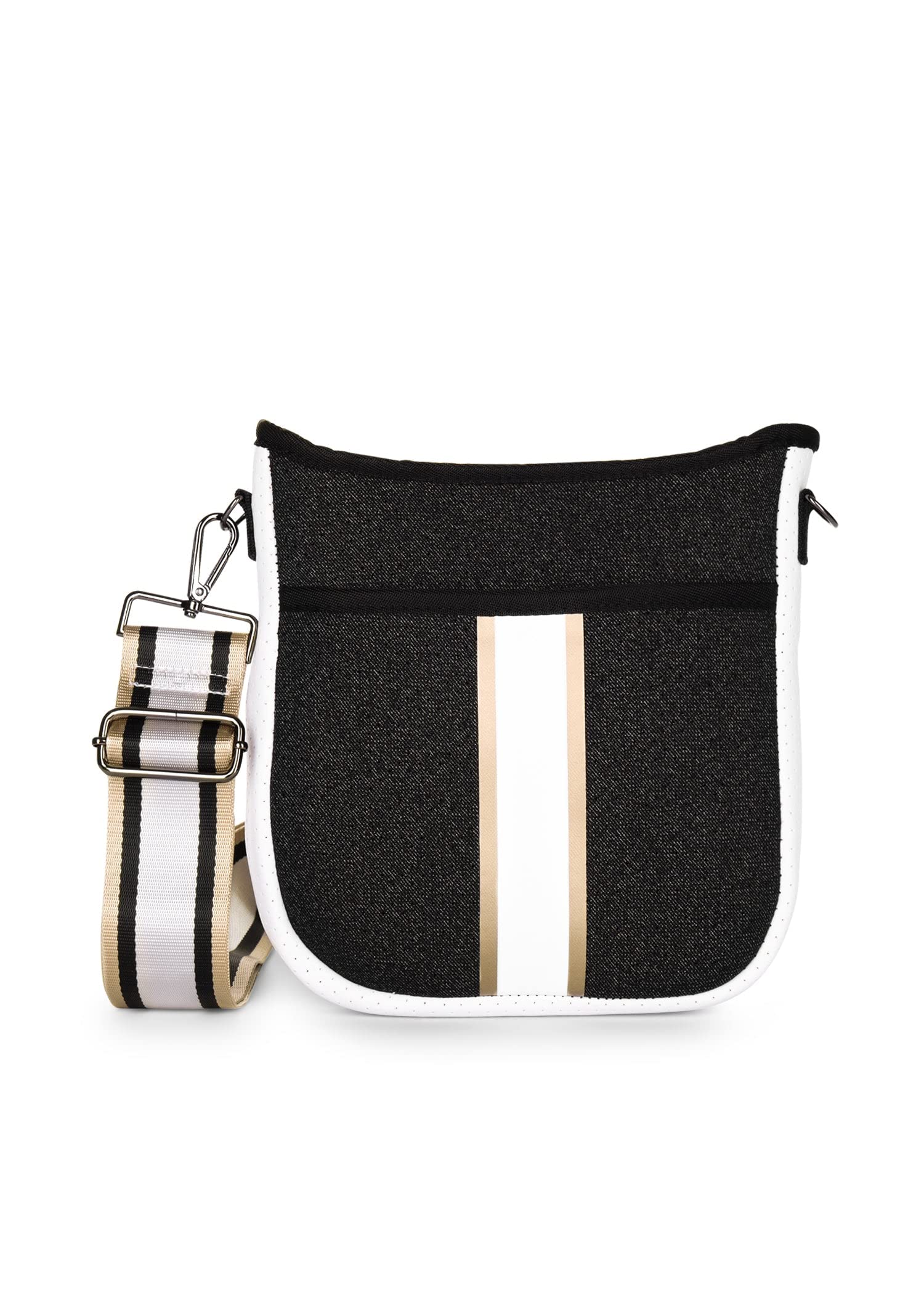 Jeri Bravo Crossbody Tote by Haute Shore, Black Denim W/Rosegold and White Stripe