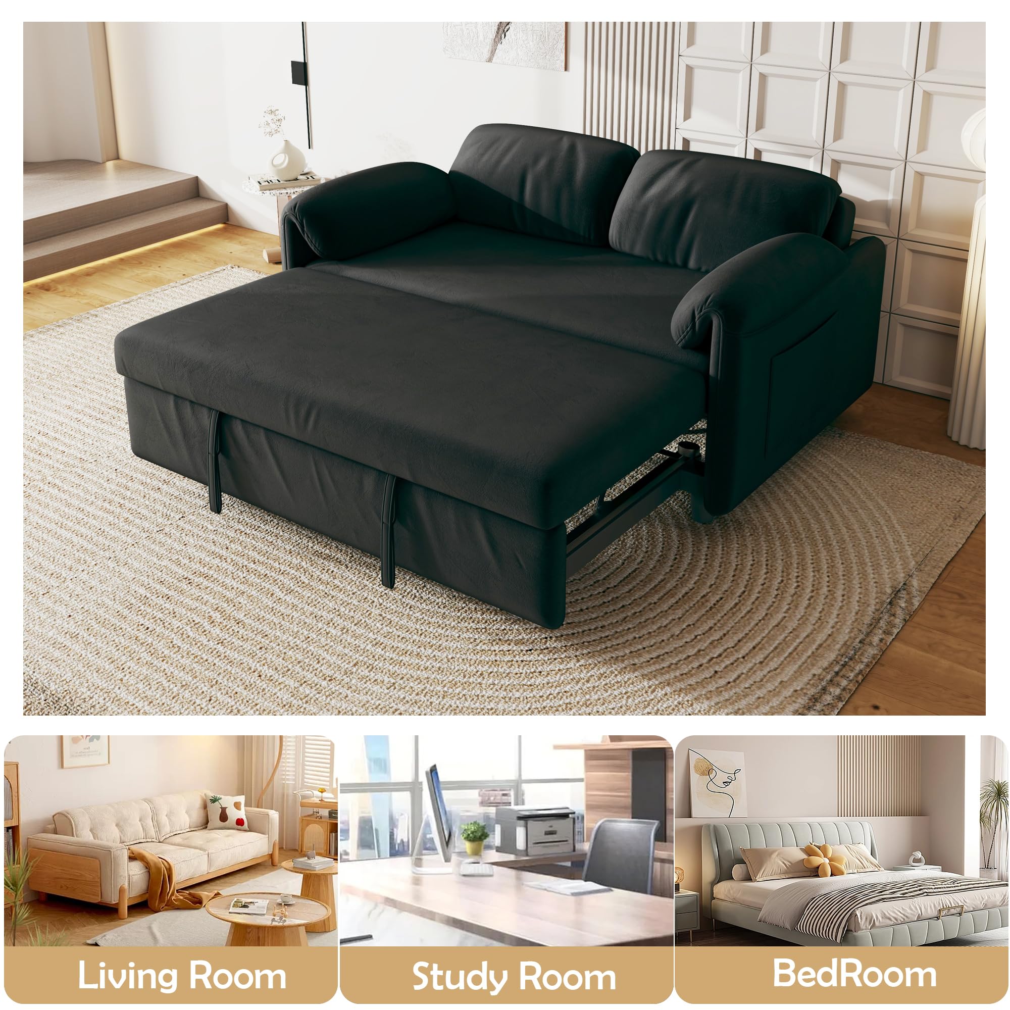 NDPQN 54" Pull Out Sofa Bed with Adjustable Backrest Double Sofa, Modern Convertible Velvet Loveseat Sleeper, with 2 Pillows and 2 Side Pockets for Living Room Bedroom (Pink)