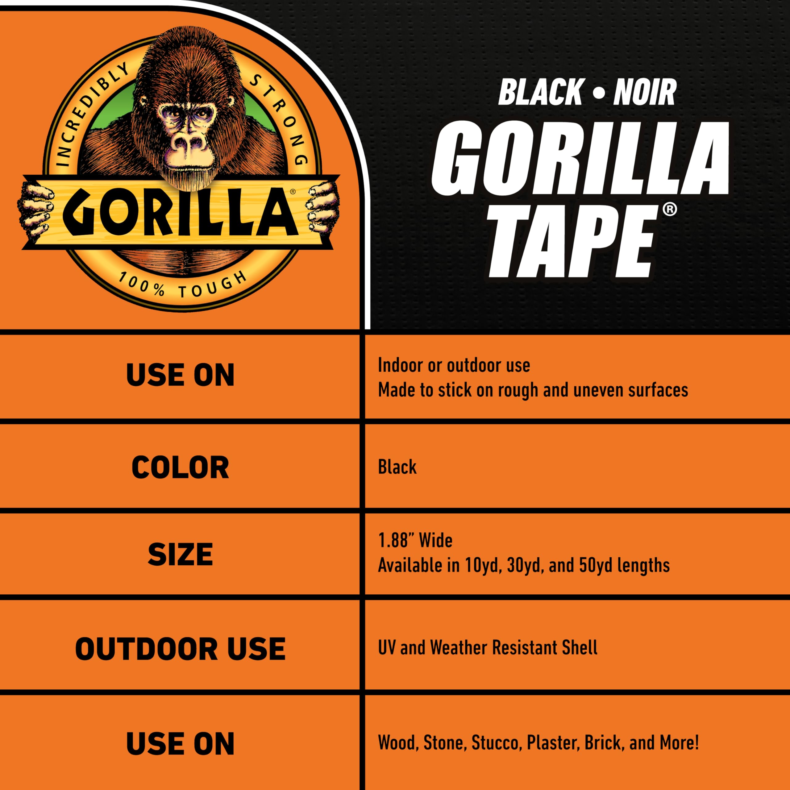 Gorilla Tape, Duct Tape, Utility Tape, Triple Layer Strength, Indoor & Outdoor, Weather Resistant Shell, 1.88 in x 35 yd, Black, (Pack of 2)
