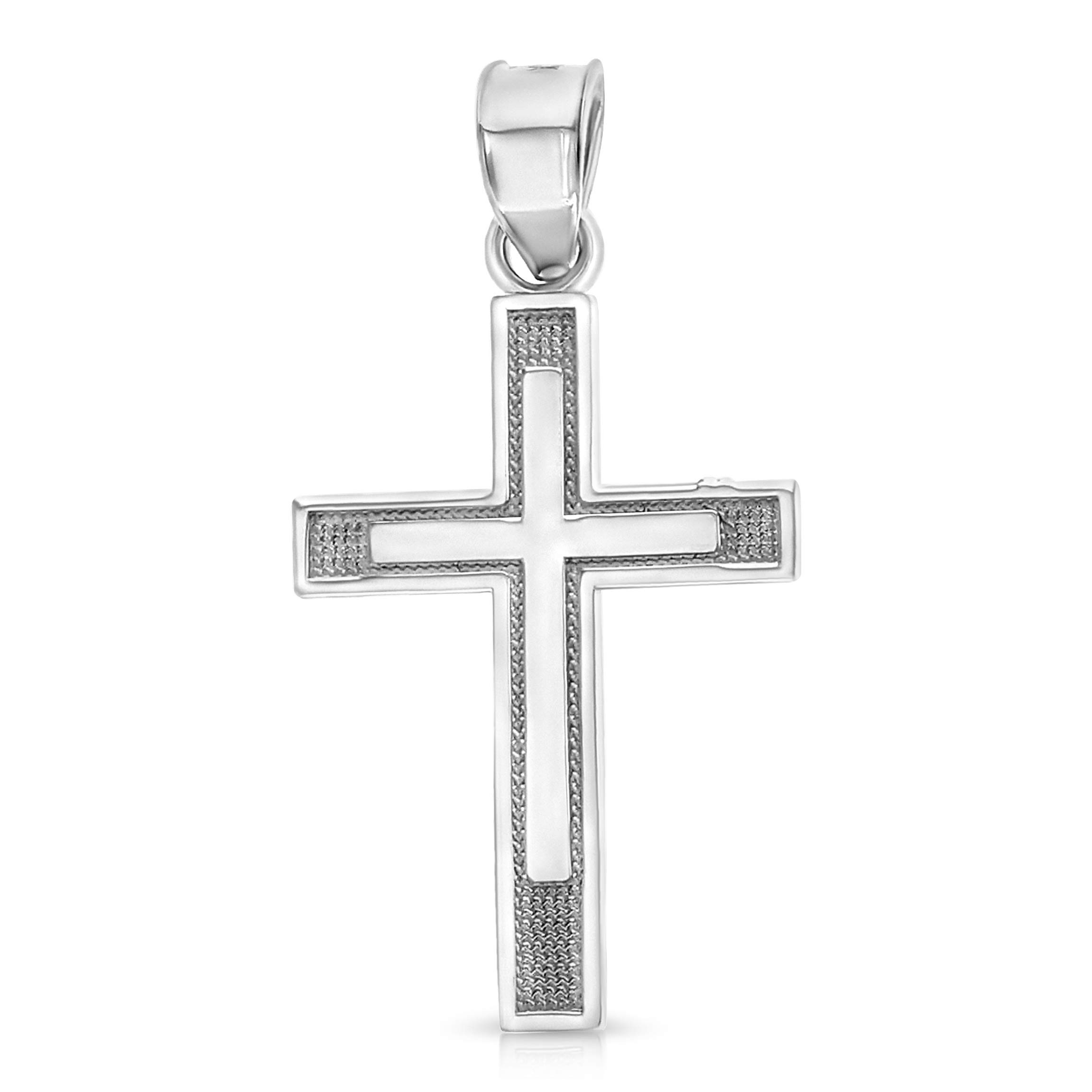 Ioka 14K White Gold Cross Religious Charm Pendant with 0.8mm Box Chain Necklace - 24"