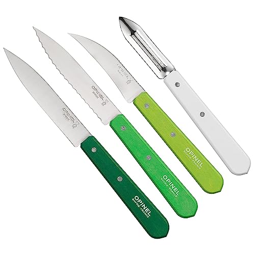 Opinel Les Essentials Small Kitchen 4 Piece Knife Set - Paring Knife, Serrated Knife, Peeler, Vegetable Knife, Corrosion Resistant High Carbon Steel, Made in France (Primavera)