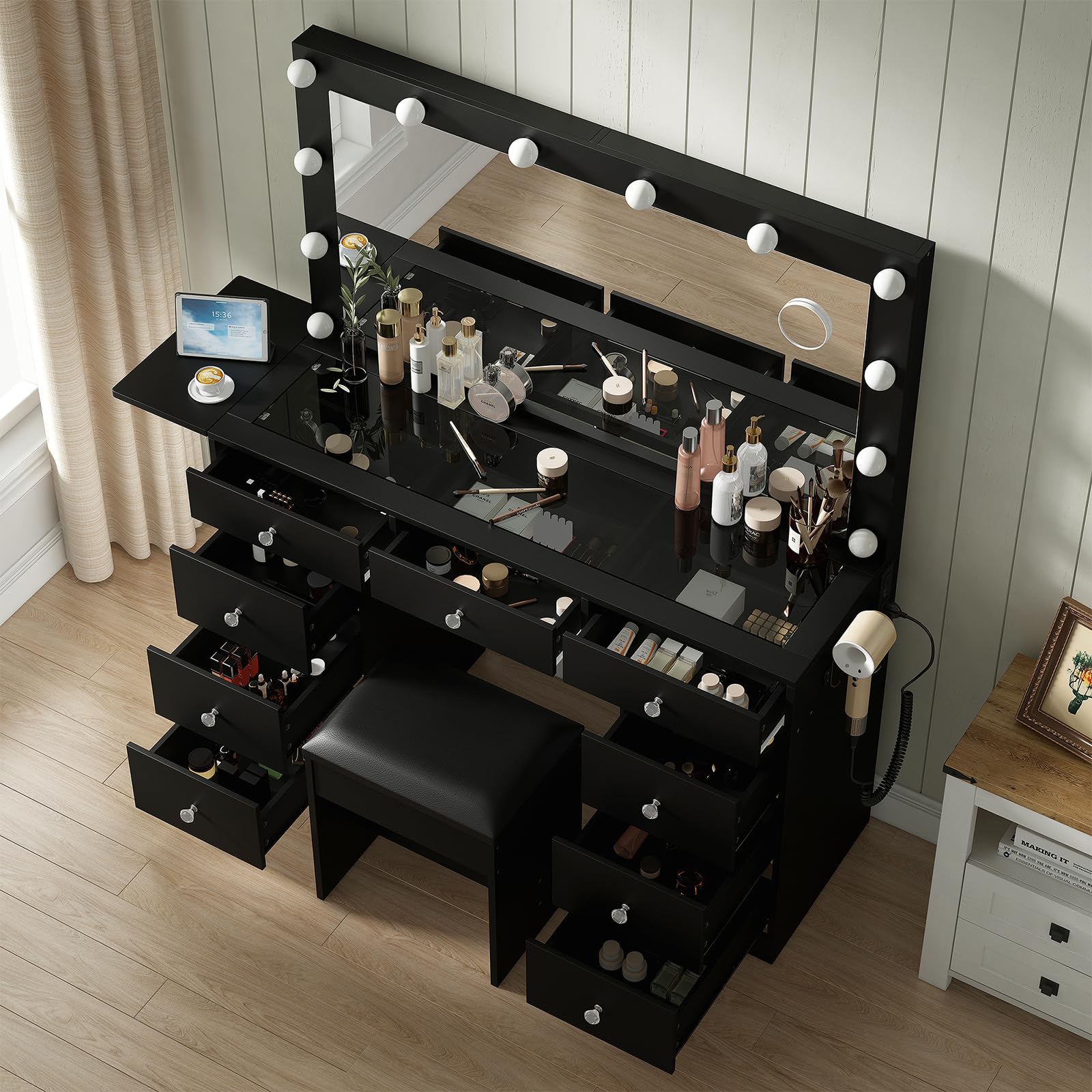 Vanity Desk with Power Outlet, Makeup Vanity with Lighted Mirror, 3 Lighting Modes Adjustable, 9 Drawers Vanity Set with Fold-up Panel, Glass Top, Vanity Table with Chair for Bedroom, White