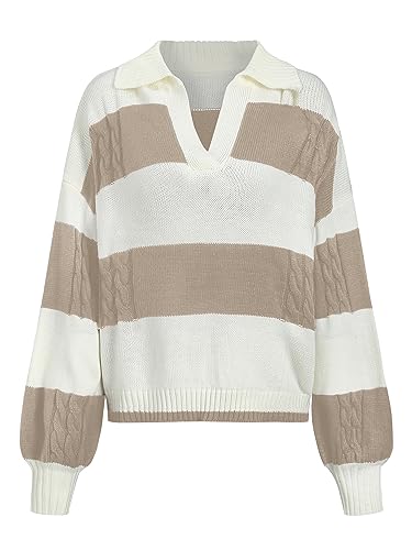 ZAFUL Women 2023 Striped V Neck Long Sleeve Sweater Fall Lapel Collar Ribbed Knit Loose Pullover Sweater Jumper Top Brown