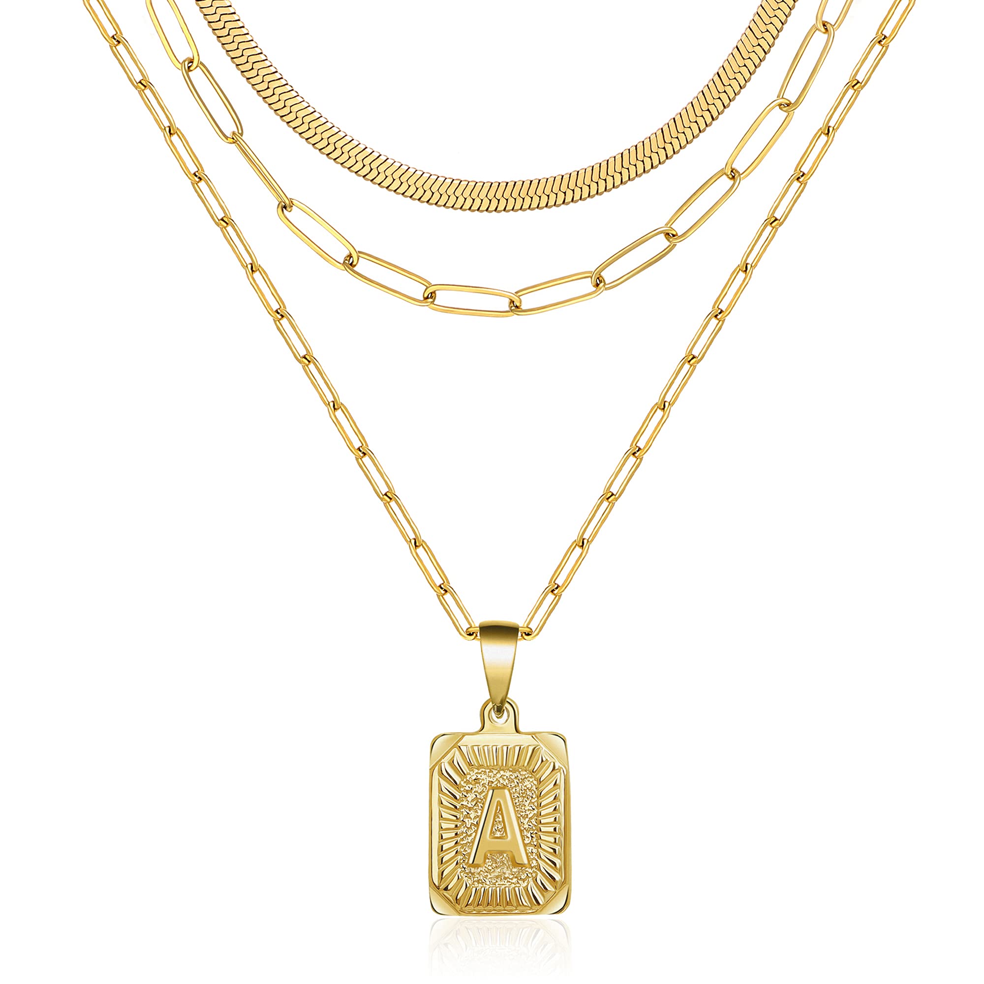 JoycuFF Layered Necklaces for Women, Initial 18K Gold Plated Paperclip Necklaces Herringbone Chain Simple Cute Letter Pendent Gold Initial Necklaces A