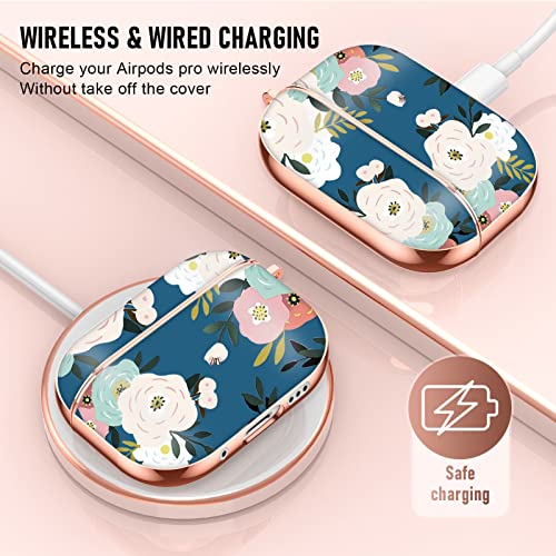 Youskin Airpod Pro 2 Case 2022 Flower Cute, AirPod Pro 2nd Generation Case, Rose Golden Plating Airpods Pro Case with Keychain,Shockproof Protective Case for AirPod Pro 2 2022,Blue Red Flower