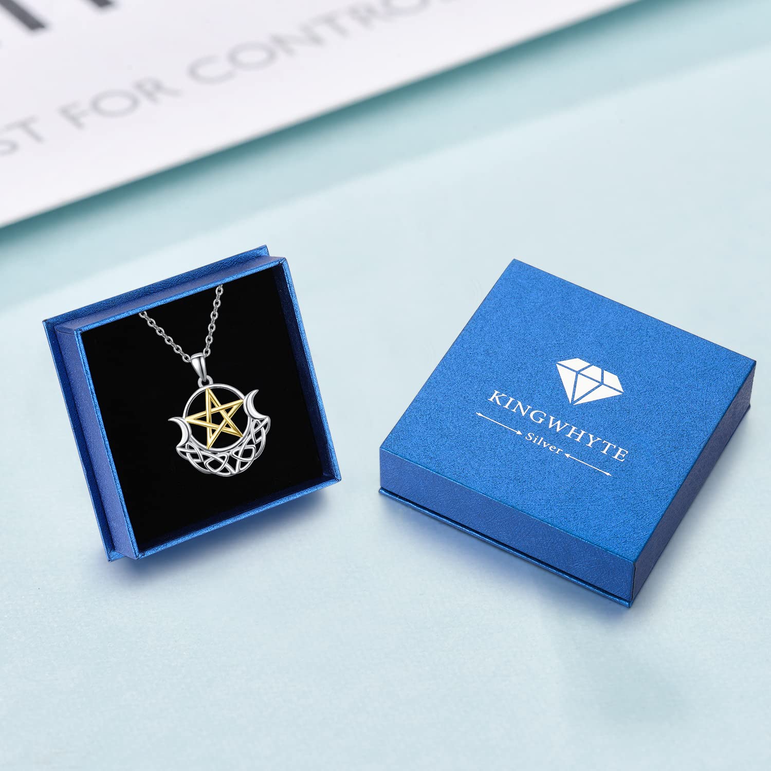 KINGWHYTE Triple Moon Goddess Necklace S925 Sterling Silver Pentagram Pentacle Pendant Celtic Necklace Magic Amulet Jewelry Gifts for Women