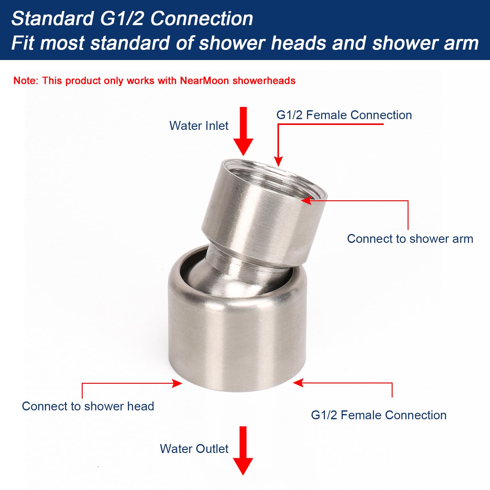 NearMoon Shower Head Swivel Ball Adapter- Solid Brass Shower Connector Adjustable Swivel Ball for 8 Inch ShowerHead Replacement Ball Joint (Brushed Nickel)