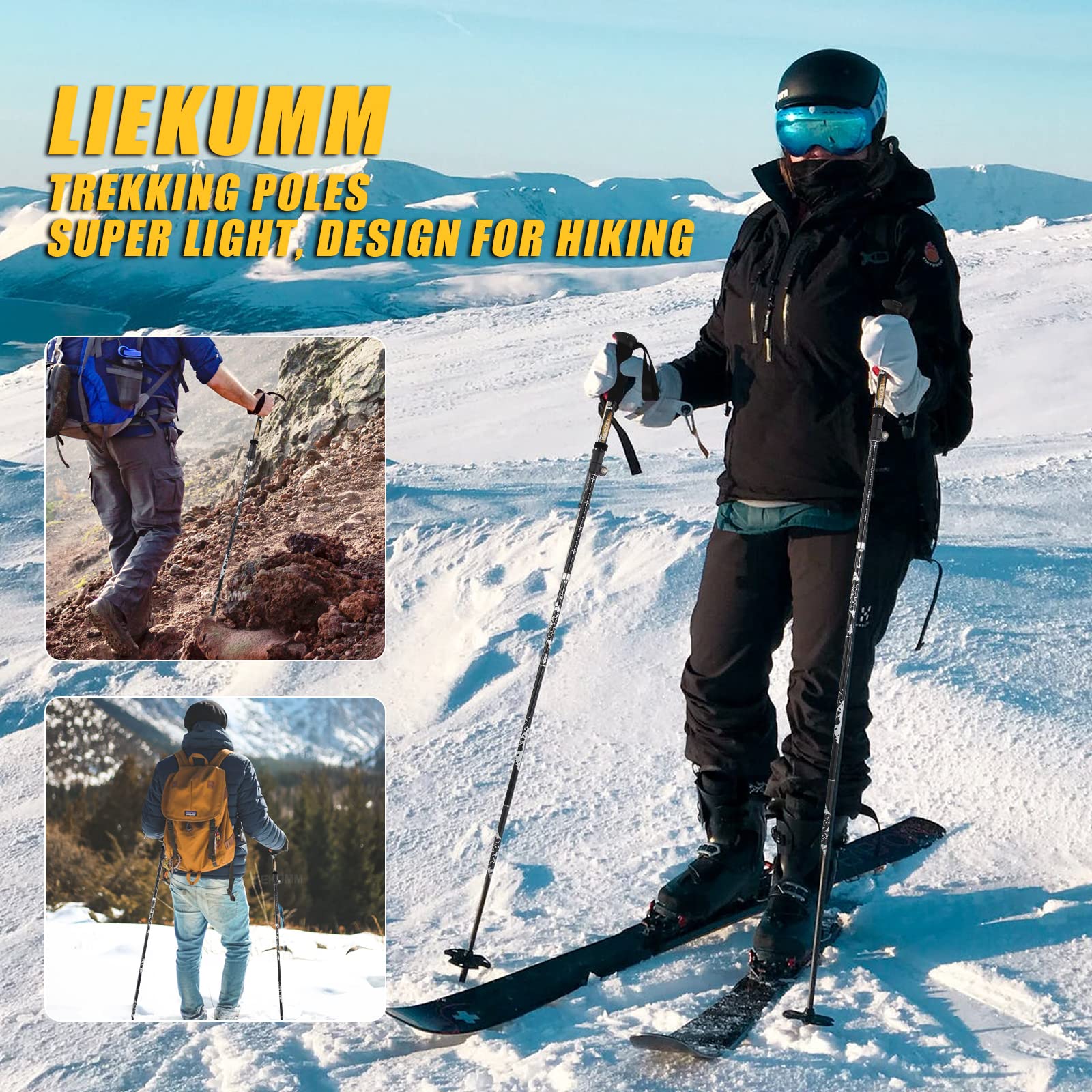 LIEKUMM 2pc Trekking Poles, Collapsible Walking Sticks for Hiking, Capacity 220 LBS, Lightweight Aluminum Folding Hiking Poles with Quick Flip Lock, 6Sets Terrain Accessories, Black