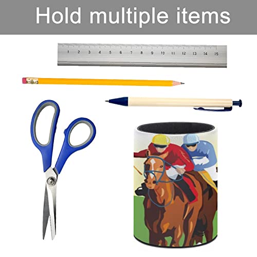 Horse Racing Cartoons Pen Holder PU Leather Pencil Cup Cute Desk Organizer Makeup Brush Box for Home Office