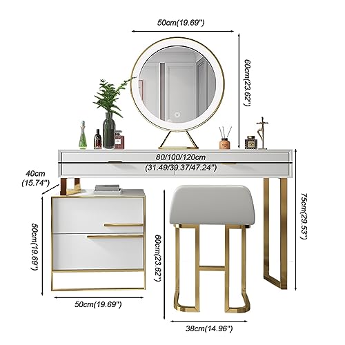 IKuinen Makeup Vanity - Vanity Set with Mirror and Lights, Women Dresser Table with Multifunctional Nightstand, 4 Drawer, Leather Wrapped, Stool, Minimalist and Stylish Dressing Table - 47.2In/White
