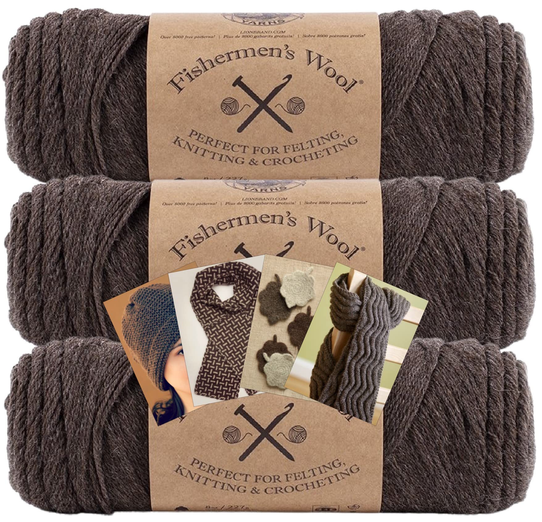 Lion Brand Yarn - Fishermen's Wool - 3 Pack with Pattern Cards (Nature's Brown)