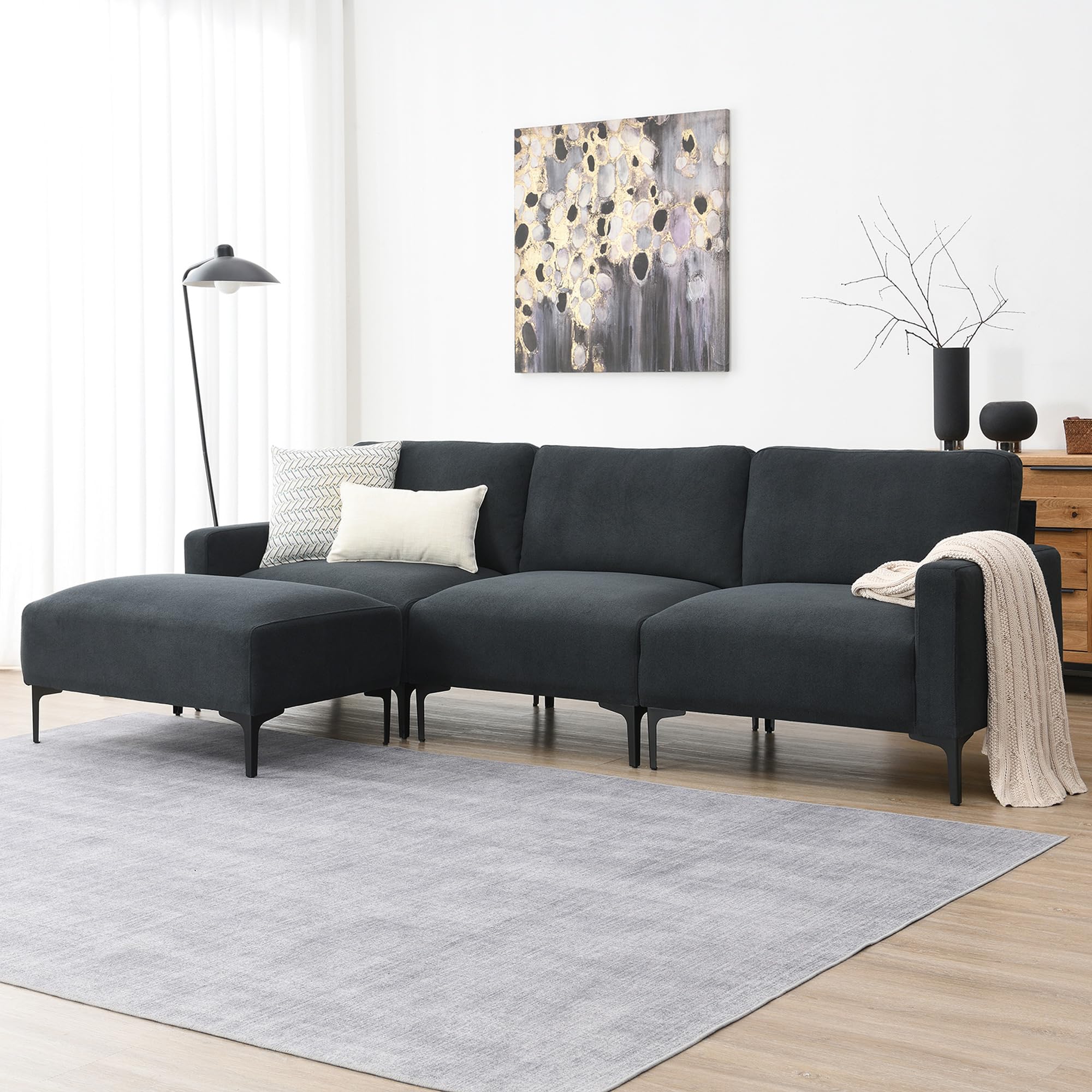 Sectional Sofa with Convertible Ottoman, Modern Velvet Fabric Couch Set for Living Room, Apartment, Office, L-Shaped
