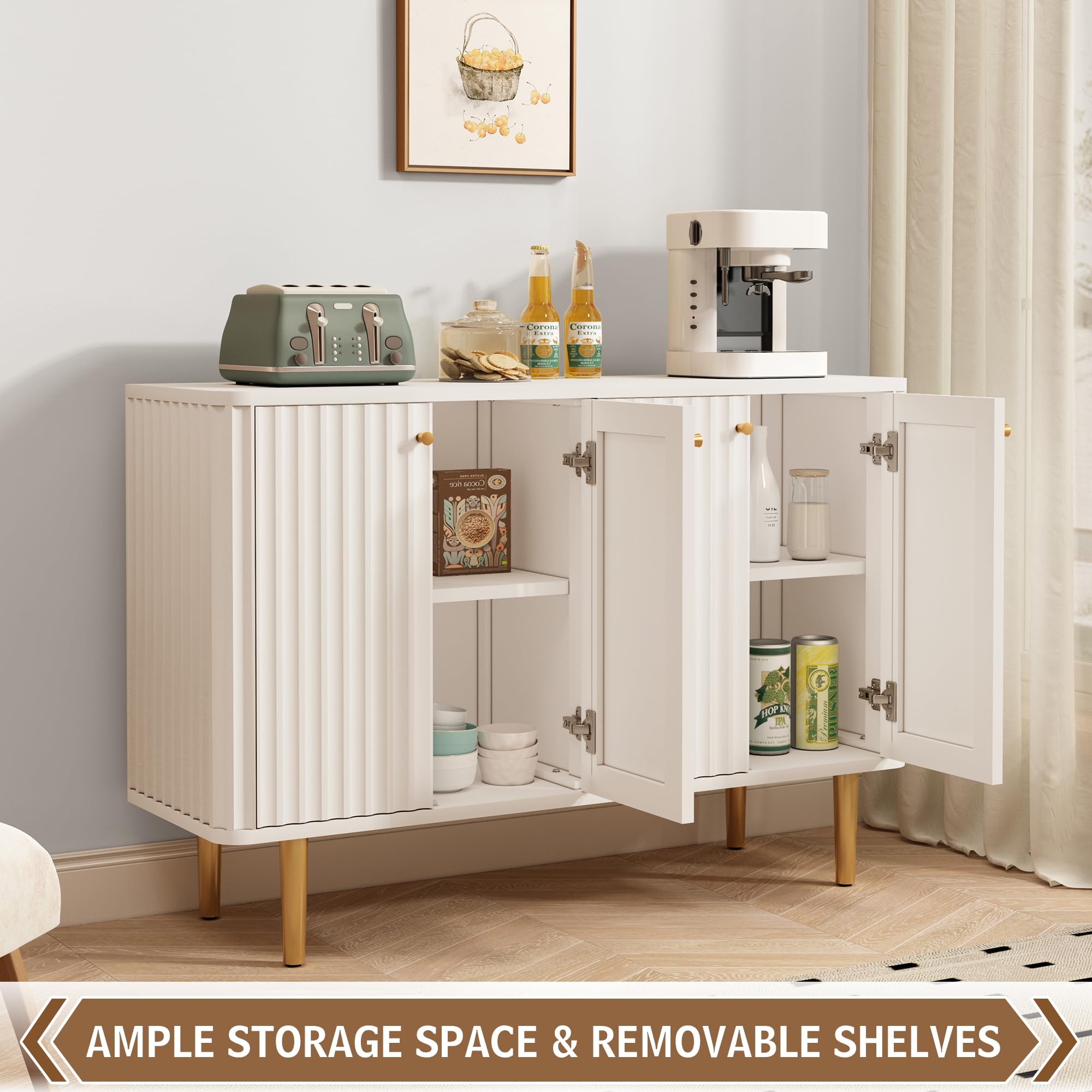 HLR Sideboard Buffet Cabinet, 48" Modern Accent Cabinet with 4 Door and Removable Shelves, Credenza Entryway Cabinet with Storage for Living Room, Dinning Room, Ivory White