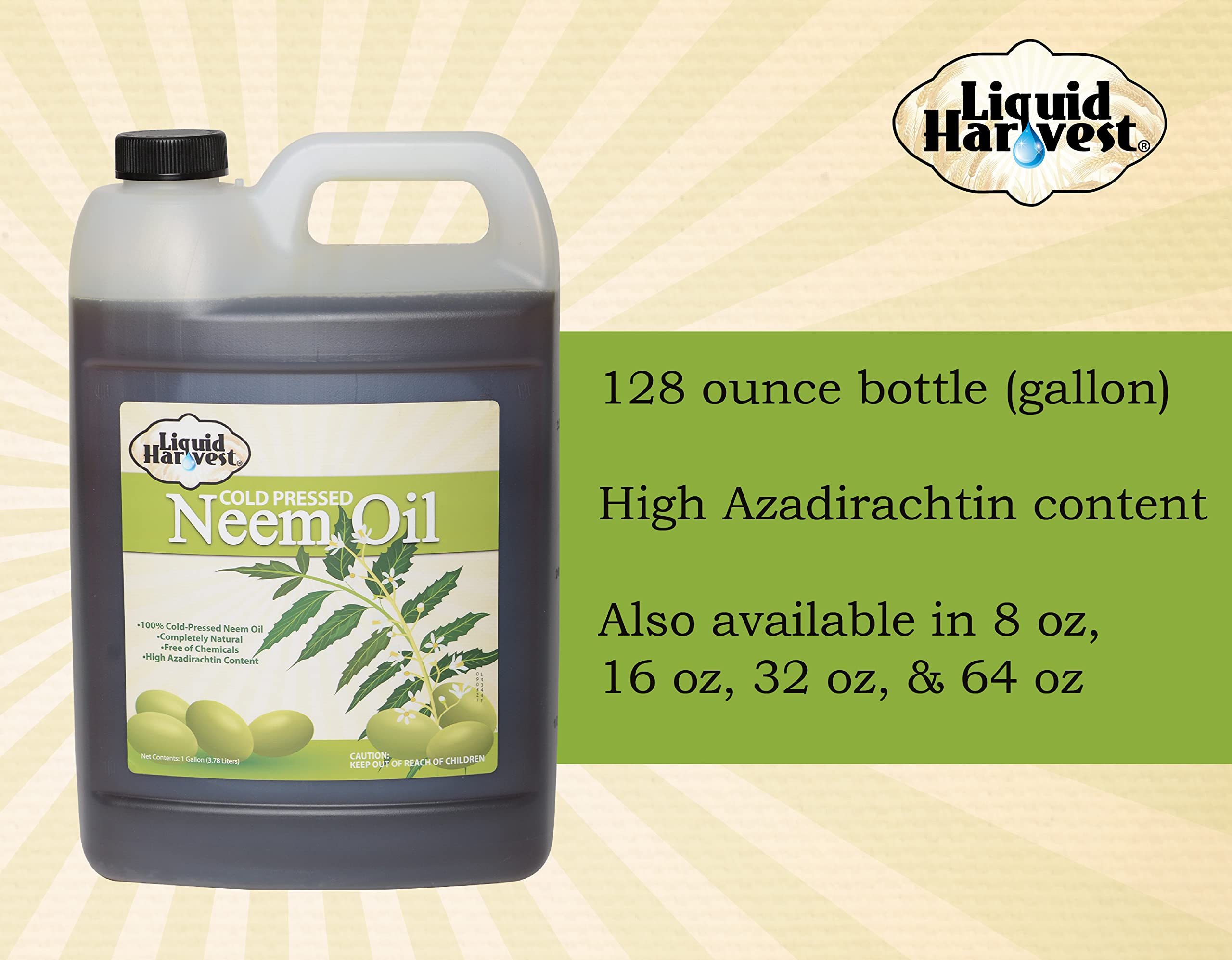 Liquid Harvest 100% Cold Pressed Neem Oil Gallon, Rich Azadirachtin Content for Plants & Neem Oil Spray Solutions