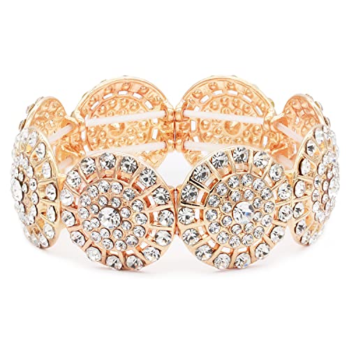 Lavencious Round Shape Elastic Stretch Bracelet Paved with Rhinestones Bridal Wedding Jewelry for Women 7"(Gold Clear)