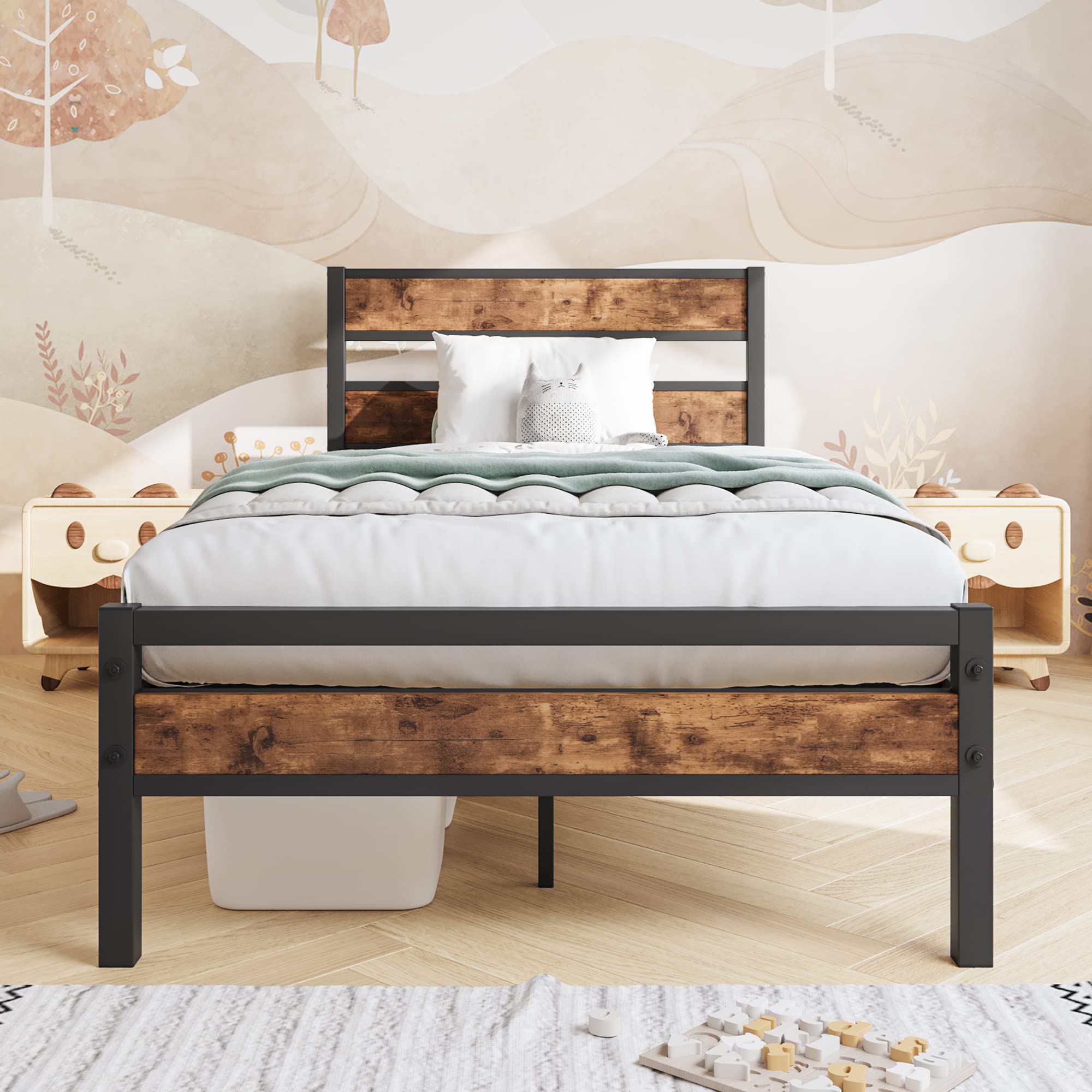 HOJINLINERO Queen Bed Frame with Wood Headboard,Platform Bed Frame Queen Size No Box Spring Needed,Heavy Duty Steel Slats, More Sturdy, Noise-Free,Easy Assembly/Rustic Brown