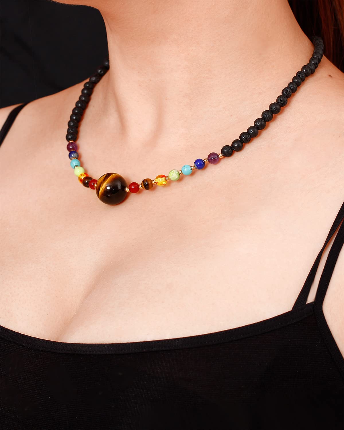 Jewever 7 Chakra Crystal Necklaces Healing Gem Stone Pendant Choker Necklace for Women Tiger Eye with Lava Rock Essential Oils Diffuser Energy Crystals Adjustable Strand(Yellow)