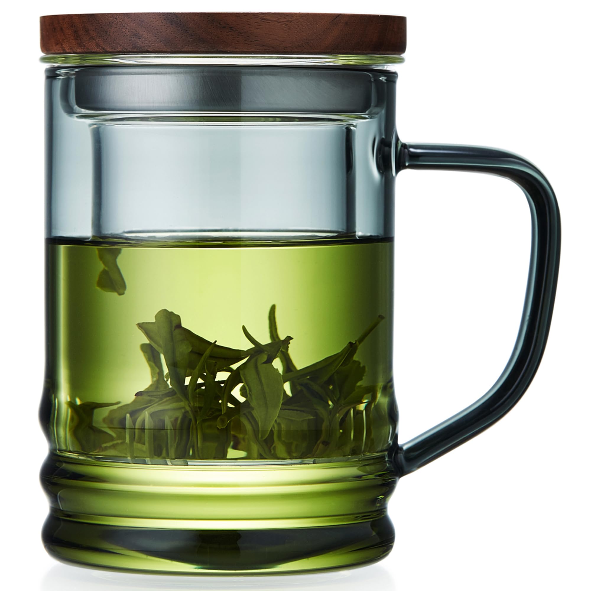 Unbreakable Glass Tea Cup with Infuser and Lid - 15oz Tea Mug for Loose Leaf Tea, Infusion Mug with Glass Filter and Wooden Lid