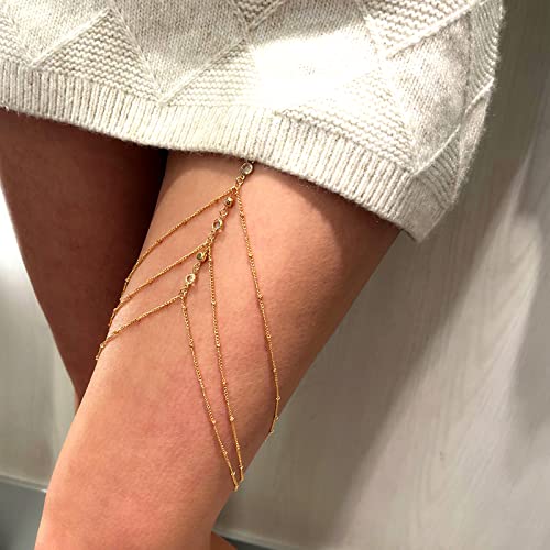Lirgoriy Sexy Beach Multi-layer Leg Chain Pearl Thigh Chain Elasticity Thigh Leg Chain Boho Summer Bikini Body Jewelry for Women (Gold Multi-layer Thigh Chain)