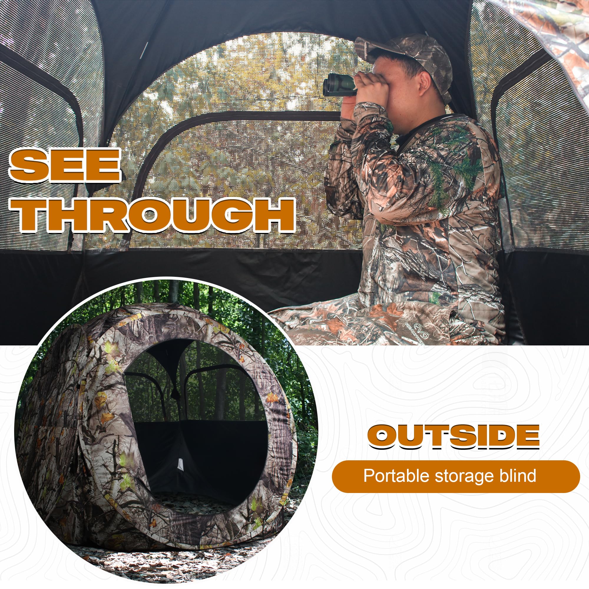 Hunting Blind 1 Person, 270 Degree See Through Pop up Ground Blinds for Deer Turkey Duck Hunting, Bow Hunting Accessories, Double Side Zipper Window(Camouflage-White)
