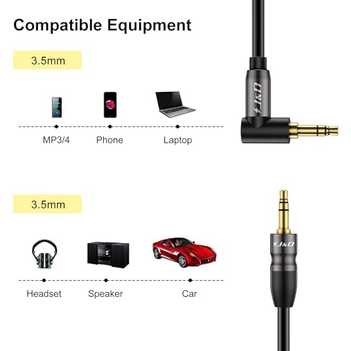 J&D 1/8 Stereo Cable, 3.5mm Extension Double Male Stereo Audio Aux Jack to Jack Cable 90 Degree Right Angle for Phone Tablet MP3 Player and All Other Devices, 10 Feet