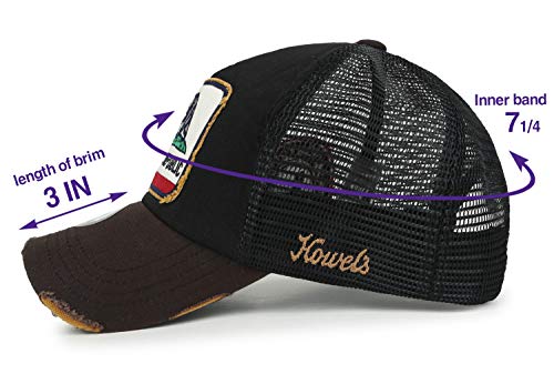 ililily Illustration Patch Distressed Cotton Baseball Cap Vintage Trucker Hat, Black Mesh