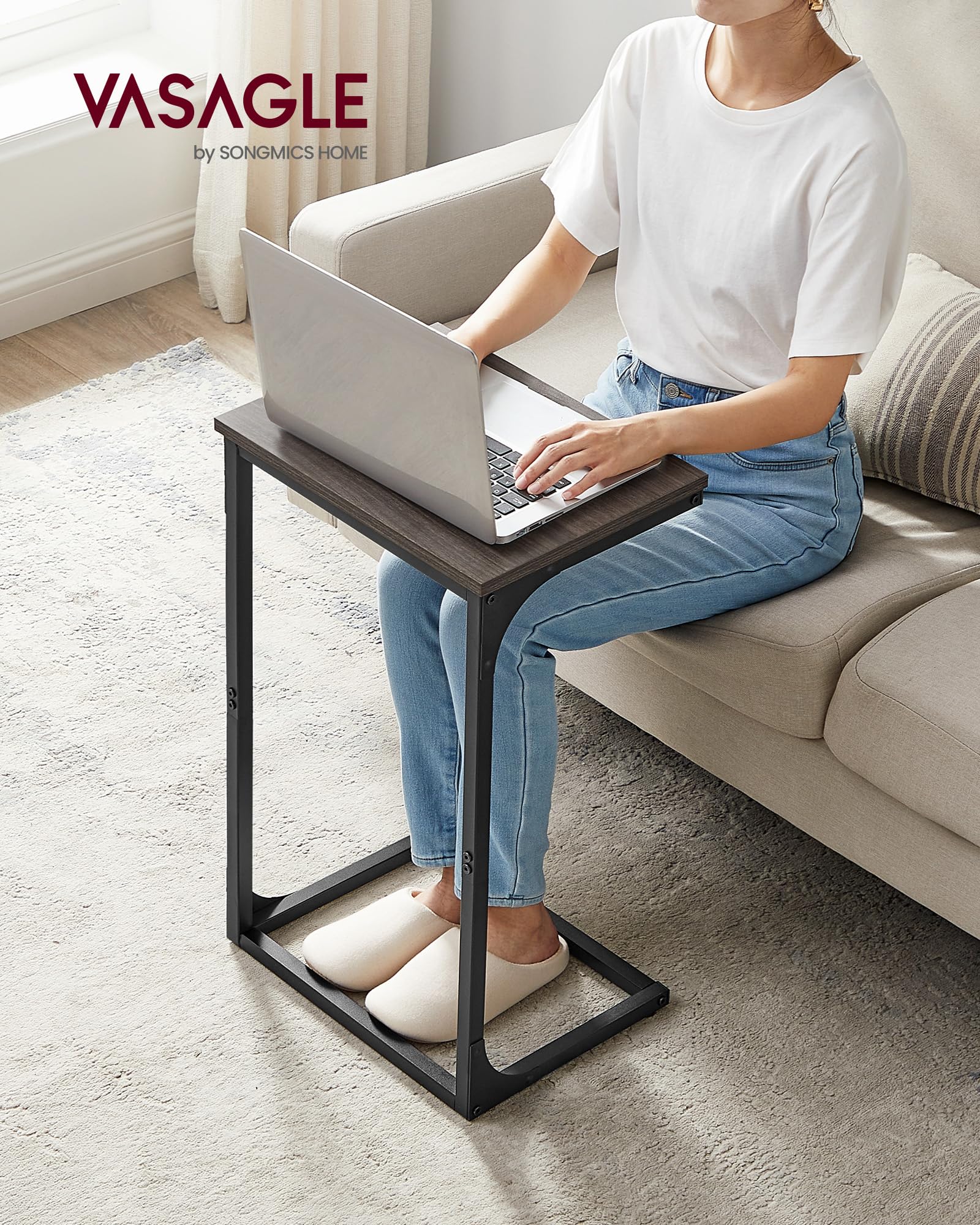 VASAGLE C-Shaped End Table, Side Table for Sofa, Couch Table with Metal Frame, Small TV Tray Table for Living Room, Bedroom, Chestnut Brown and Black