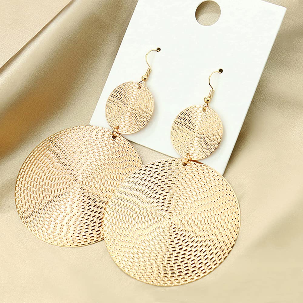 Large Double Circles Round Dangle Drop Earrings Geometric Statement Handmade Bohemian Dangling Earring Hook Studs Fashion Jewelry for Women Girls Yellow Gold (Yellow Gold)