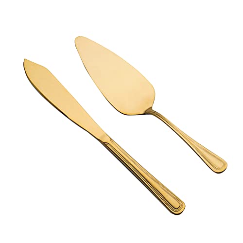 ZEENEEK Wedding Cake Knife and Server Set, 2 Pieces Gold Stainless Steel Cake Knife Pie Server Cake Cutting Set Serving Utensils for Wedding, Birthday, Parties and Events Christmas(Gold)