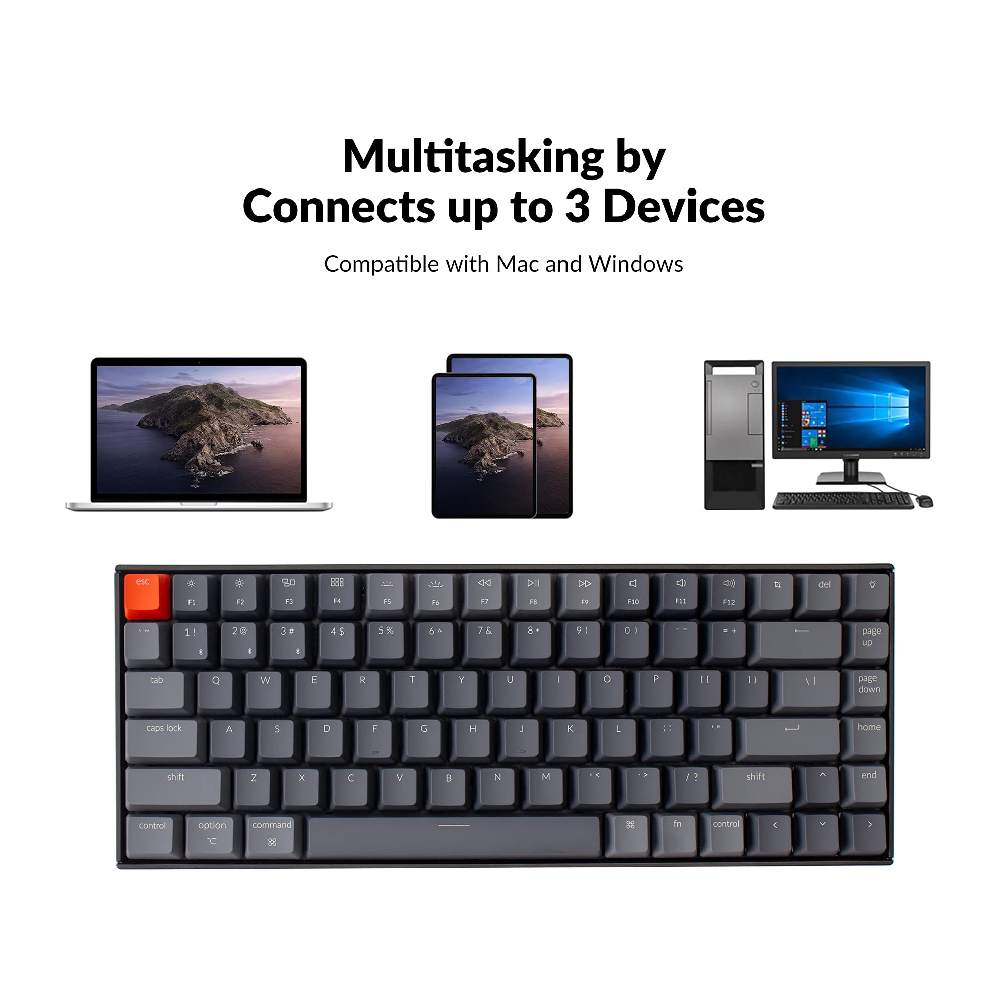 Keychron K2 Wireless Bluetooth 5.1/Wired USB Mechanical Keyboard for Mac Layout, Compact 84 Keys Computer Keyboard Gateron G Pro Red Switch White LED Backlight N-Key Rollover for Windows-Version 2