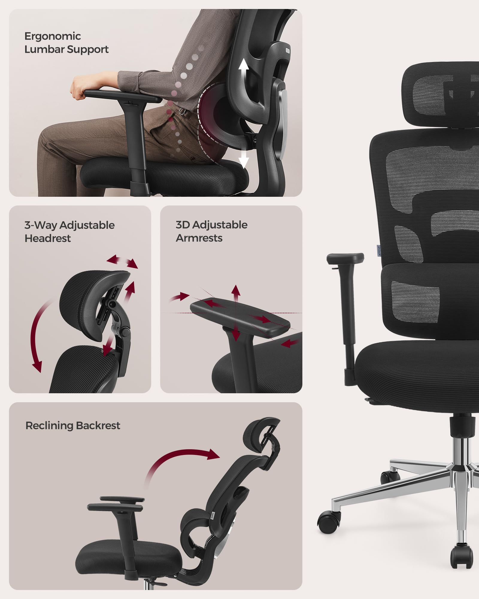 VASAGLE Ergonomic Office Chair, High Back Desk Chair, Mesh Computer Chair with Height Adjustable Lumbar Support, Adjustable 3D Headrest and Armrests, for Home Office, Ink Black UOBN070B21
