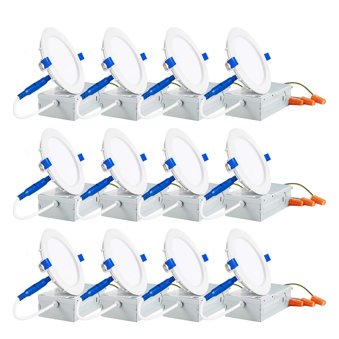 JJC 4 Inch Slim LED Recessed Lighting with Junction Box, Ultra-Thin LED Canless Ceiling Down Lights,3000K Warm White,9W 60W Eqv,650LM Dimmable Wafer Light, IC Rated 12 Pack