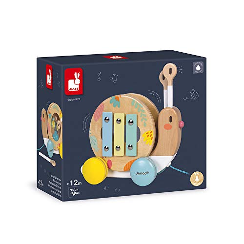 Janod Pure Pull Along Snail - Wooden 2-in1 Musical Toy - Ages 1+ - J05159
